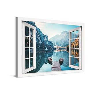 Picanova Photo sur Toile Dolomites Montagnes Lac Pragser Wildsee Braies Fenêtre 120x80cm - Impression sur Toile Haut de Gamme - Image sur Toile pour Décoration