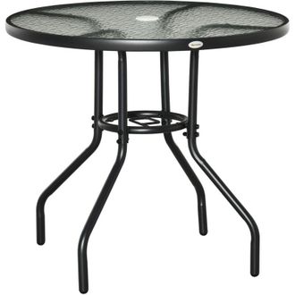 OUTSUNNY Table de jardin ronde dia. 80 x 72H cm - espace central parasol - m&eacute;tal noir plateau verre tremp&eacute; textur&eacute;