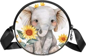 Generic Sac &agrave; bandouli&egrave;re rond pour femme, motif &eacute;l&eacute;phant, tournesol, petit sac &agrave; bandouli&egrave;re avec fermeture &eacute;clair, bretelles r&eacute;glables, sac &agrave; main rond d&eacute;co