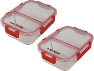 Fackelmann Fackelmann 9941750 Vorratsdosen aus Glas mit 2 F&auml;chern, 1050 ml, Lunchbox aus Glas und luftdichtem Deckel mit Clips, Glas, Kunststoff, Rot, 21 x 16 cm