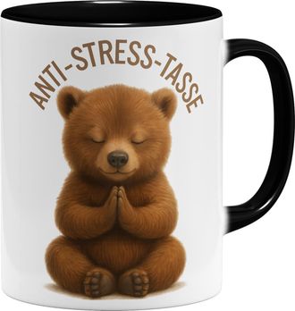 OM3 B&auml;rchen Anti-Stress Kaffee-Tasse - S&uuml;&szlig;e B&auml;r Keramiktasse mit Namaste Motiv - Keramik Becher - 325ml - Beidseitig Bedruckt - Schwarz