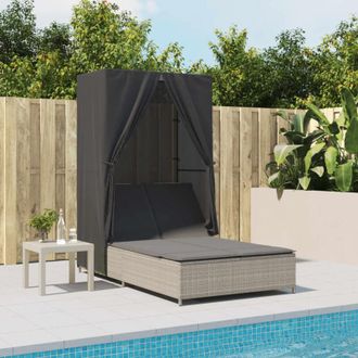 vidaXL Doppel-Sonnenliege mit Dach und Vorh&auml;ngen Hellgrau Poly Rattan - Vidaxl