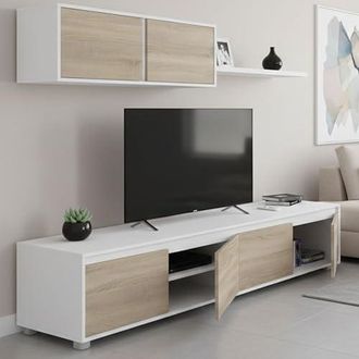 Dmora Wandsystem Savannah, TV-St&auml;nder, Wohnzimmerm&ouml;bel, Zusammensetzung des Wohnzimmersets, Wohnzimmerset mit Schrankwand, 200 x 41 x 43 cm, Wei&szlig; und Eiche