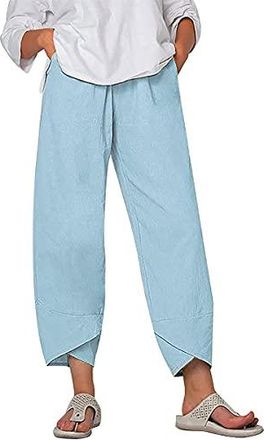 Onsoyours Pantalon Été Femme Coton Lin Harem Pantalon Taille Elastique Pants 7/8 Solide Couleur Léger Sport Pants de Plage avec Poche A Bleu Clair XS