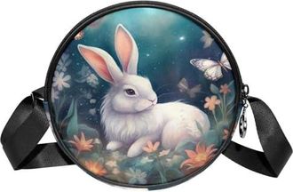 Generic Petit sac &agrave; bandouli&egrave;re circulaire pour femme, motif floral, lapin, sac &agrave; dos &agrave; bandouli&egrave;re avec fermeture &eacute;clair, bretelles r&eacute;glables, sac &agrave; main ron