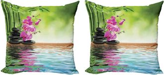 Abakuhaus Natur Dekokissen Kissenbezug 2er Pack, Tropic Orchideen-Blume, Modern Accent Doppelseitiger Digitaldruck, 45x45, Farngrün Fuchsienfarben