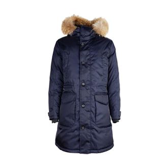 Add Homme, Manteaux, Bleu, Taille: L Doudoune Bleue en Nylon avec Capuche en Fourrure