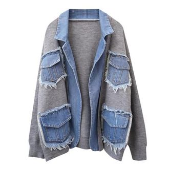 Generic 2026 Vestes pour femmes - Cardigan d&eacute;contract&eacute; en tricot ample avec patchwork en denim - Veste chandail polyvalente, gris, Taille unique