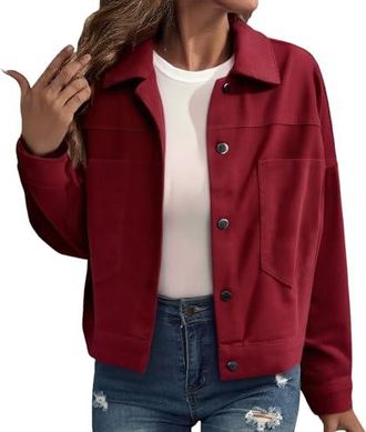 Generic Veste en jean ample et polyvalente &agrave; manches longues pour femme, bordeaux, S