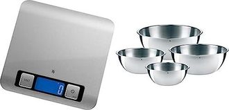 WMF Digitale Küchenwaage 20 x 20 x 1 cm, Backwaage & Gourmet Schüsselset 4-teilig, Edelstahl Schüsseln für die Küche 1,0l - 3,5l, Rührschüssel, Salatschüs