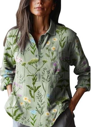 Generico Chemise Femme Curvy &agrave; Manches Longues T Shirt en Lin Coton &Eacute;l&eacute;gant Respirant Blouse Col en V Classique Chemisier Vintage Imprim&eacute; avec Boutons L&eacute;ger Ch