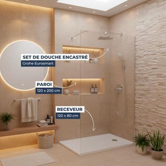 GROHE Dusch-Komplettset - Walk-In Duschwand 120x200 Chrom + Grohe Eurosmart 2 Strahlarten + Gussmarmor-Duschwanne Wei&szlig; 120x80