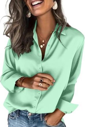 Generic Chemisier Femme en Satin &agrave; Col en V Manches Longues Chemise Chic et &Eacute;l&eacute;gante Casual Soie Shirts Tops Cadeau Noel,Vert Clair,XXL,f38r