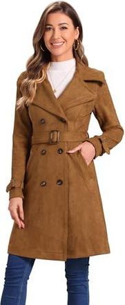 Allegra K Trench-coat à revers cranté pour femme en faux daim caban mi-long double boutonnage manteau hiver Marron foncé XL