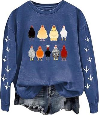 Generic 2026 Chandail décontracté à manches longues et col rond pour femmes, imprimé graphique poulet, haut chemisier, bleu, XXL
