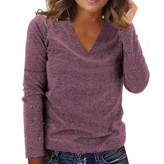 Generic Top femme paillet&eacute; grande taille haut &agrave; paillettes pour femmes au Royaume-Uni, t-shirt d&eacute;contract&eacute; col en V couleur unie pulls molletonn&eacute;s basiques &agrave; 