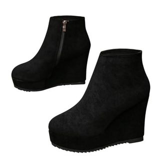 Generic Bottines &agrave; Plateforme Compens&eacute;e pour Femme Bout Rond Daim Bottes Courtes Talon Haut Fermeture &Eacute;clair Lat&eacute;rale Chic et Elegant Chaussures L&eacute;g&egrave;res D&eacute;con