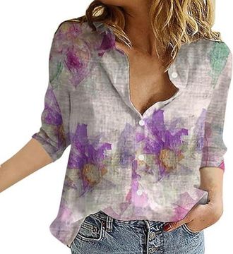 Generic Hauts en coton et lin pour femme &agrave; manches longues - Blouses d&eacute;t&eacute; pour femmes grande taille - Blouses et chemises unies pour les vacances, hauts de tr