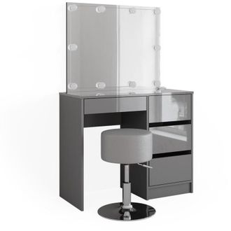 Vicco Coiffeuse Sherry, Gris, 90 cm avec éclairage led et tabouret