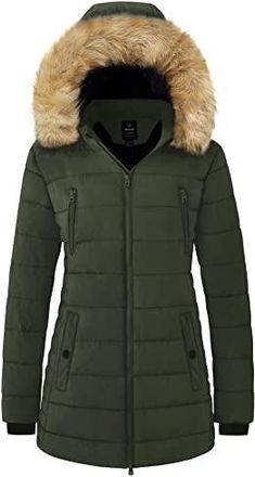 Wantdo Femme Veste Chaude dhiver à Capuche Veste dExtérieur Résistante à leau Manteau Matelassé en Coton Veste Coupe-Vent Puffer Blouson Vert Militaire S