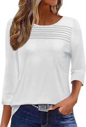 Onsoyours Shirt Damen 3/4 Arm Falten Rundhals Tshirt Leichte Pullover Sommer Herbst Oberteile Casual Tops Basic Shirt A Weiß XXL