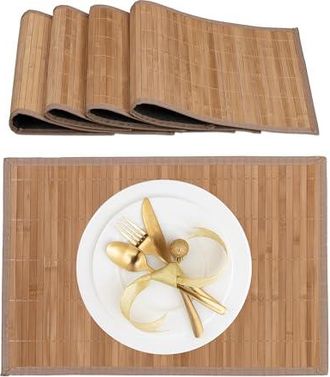 Relaxdays Tischset, 4er Set, Bambus, Stoffrand, rutschhemmend, 45x30 cm, Teller, Esstisch, eckiges Platzset, Natur
