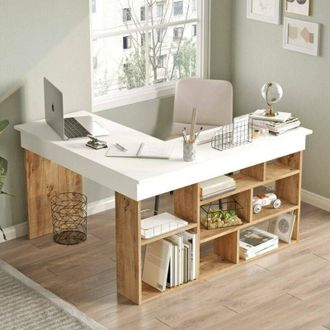 Dmora Dmora - Bureau Angete, Pupitre polyvalent, Table de bureau pour pc, Plan de travail, 129x120h72 cm, Chêne et Blanc, avec emballage renforcé