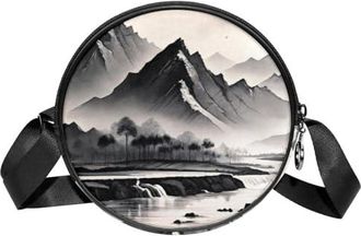 Generic Petit sac &agrave; bandouli&egrave;re rond pour femme, peinture &agrave; lencre avec fermeture &eacute;clair, bretelles r&eacute;glables, sac &agrave; main rond d&eacute;contract&eacute; pour femmes et fill