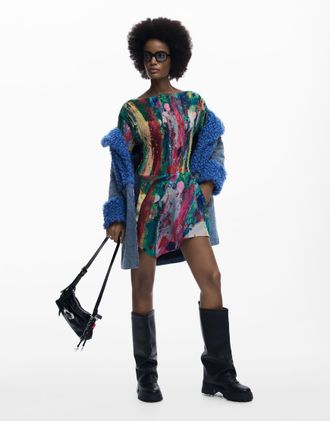 Desigual Asymmetrisches Kleid in Schwarz mit Raffung-Mehrfarbig