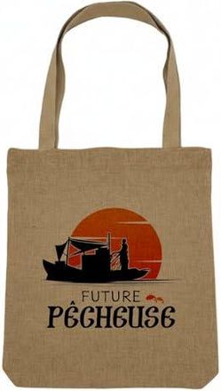 Fabulous Sac Shopping Tote Bag Aspect Lin - Future P&ecirc;cheuse M&eacute;tier Marin Poisson - Sac de Courses Toile Epaisse 360g Beige Naturel Cabas Port&eacute; Epaule Solide Im