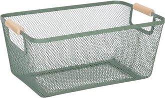 Relaxdays Drahtkorb mit Holzgriffen, eckig, Aufbewahrungskorb Metall, HBT 16,5 x 37 x 22,5 cm, Korb K&uuml;che, Bad, mint