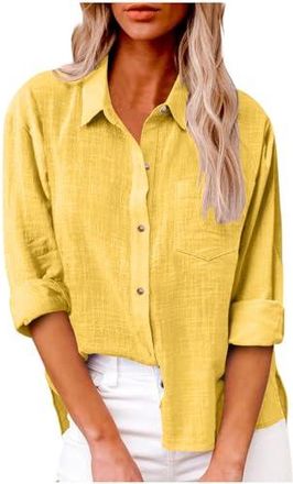 Generic Nuoke Chemise Lin Femme d&eacute;contract&eacute; Printemps &eacute;t&eacute; Printemps Et&eacute; Chic et &eacute;l&eacute;gant Blouse Col en V Bouton Manches Longues Tops Fluide Chemisier Tee Shirt