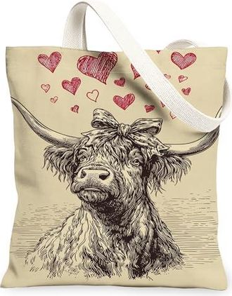 Generic Sacs fourre-tout vintage en toile rustique, motif vache des Highlands, sacs &agrave; provisions r&eacute;utilisables, l&eacute;gers et lavables &agrave; bandouli&egrave;re pour E, beige