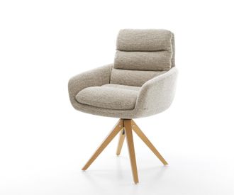 DELIFE Drehstuhl Abelia-Flex mit Armlehnen Webstoff Soft Beige Holzgestell kantig Natur 180&deg; drehbar, Esszimmerst&uuml;hle
