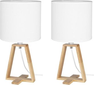 Forlight Nuts - (2 uds) Lámpara de Mesa de Estilo Nórdico. Para Mesita de Noche de Madera Natural y Textil de Color Blanco. E27