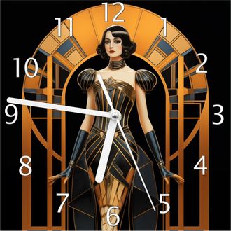 Wallario Design-Wanduhr Goldene Ära Diva aus Glas, Motiv-Uhr Größe 20 x 20 cm, weiße Zeiger