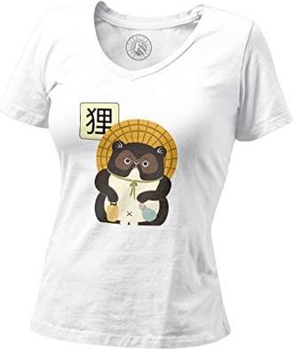 Fabulous T-Shirt Femme Col V Tanuki Raton-Laveur Japon Asie Culture Illustration Kawai