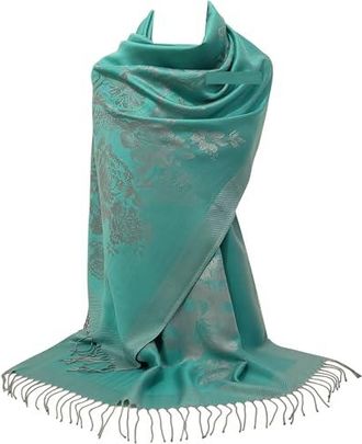 GFM &Eacute;charpe ch&acirc;le style pashmina en plumes cachemire floral (FRL4), S9-2058-Bleu sarcelle clair, L