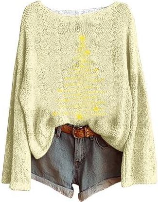 Generic Pull de Noël pour femme avec motif darbre de Noël et col rond - Pull tricoté décontracté à manches longues, jaune clair, 3XL
