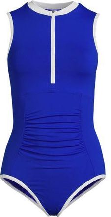 Lands End Badeanzug mit Rei&szlig;verschluss, hoher Ausschnitt, Damen, Gr&ouml;&szlig;e:42 regular, Blau, Elasthan/Nylon-Mischung, by Lands End