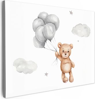 MuchoWow © Leinwand Bilder 70x50 cm Wanddeko Wohnzimmer Aesthetic Room Decor Deko Zimmer Wandbilder Modern Bild auf Leinwand Bär - Luftballon - Sterne - Kinder