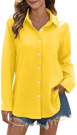 Generic Chemisiers en coton et lin pour femme, chemisiers habill&eacute;s d&eacute;contract&eacute;s, chemises en duvet de couleur pure, chemisier &agrave; col polyvalent, chemisier basi