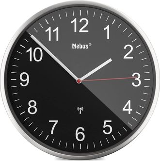 Mebus Funkwanduhr, Wanduhr groß, Funkuhr modern, Aluminium-Rahmen mit gut ablesbaren Ziffern, Bahnhofsuhr, Wohnzimmer, Büro, Farbe: Silber/Schwarz, Durchmes