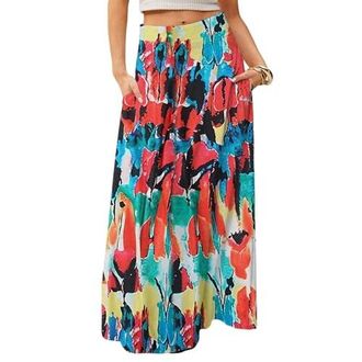 Generic Jupe longue avec motif floral pour femme, jupe maxi fluide avec taille haute et motif floral, pour la jupe normale et tendance, rouge, XXL
