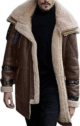 Generic Manteau pour homme long, homme - Long &eacute;pais - Veste en cuir - Veste dhiver - Faux-Fur - Vestes dhiver - Veste de transition - Col en fausse fourrure -