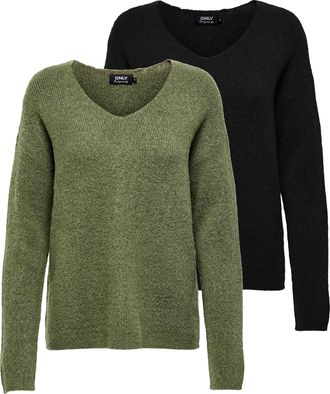 Only Damen ONLCAMILLA V-Neck Strickpullover 2-Pack, Winter Moss Melange/Schwarz, XXXL