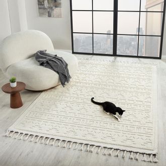 Vimoda Teppich Boho Skandi Wohnzimmer, Schlafzimmer, Balkon, K&uuml;che, Terrasse, Flur 3D Creme, Farbe:Creme, Ma&szlig;e:80x150 cm