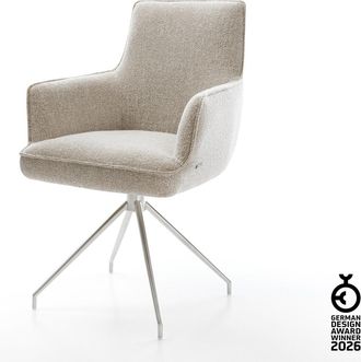 DELIFE Esszimmerstuhl Heira-Flex mit Armlehnen Webstoff Soft Beige Kreuzgestell konisch Edelstahl Taschenfederkern, Esszimmerst&uuml;hle