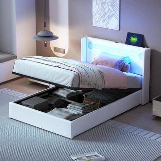 Myboo Polsterbett Einzelbett 90x200, Bett mit Stauraum&Lattenrost, LED Kopfteil mit USB-Aufladung&Bluetooth-Player, Hydraulisch Stauraumbett Funktionsbett J