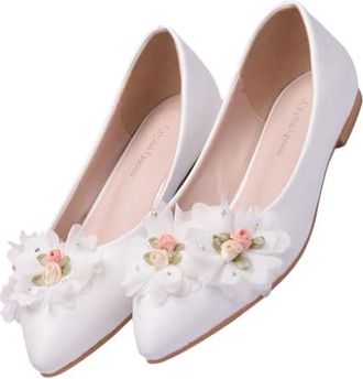 BESPORTBLE Escarpins Pointus de Mariage pour Femmes Chaussures Plates en Dentelle Blanche avec Noeud &Eacute;l&eacute;gant et D&eacute;cor Cristallin Taille 40 Semelle Fine Confortab